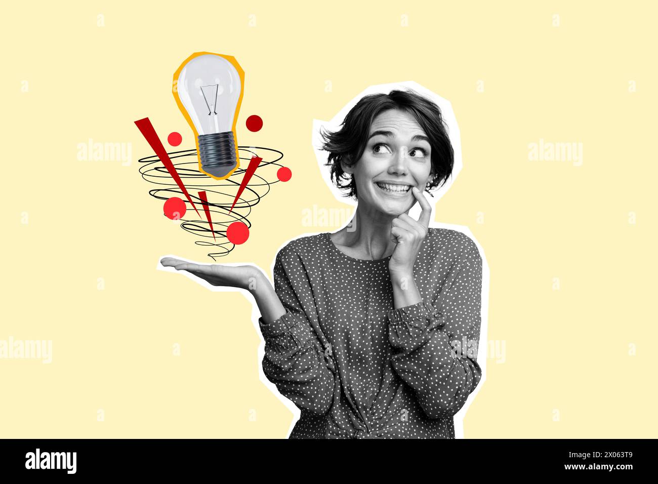 Creative collage picture young pretty curious excited girl guessing ...