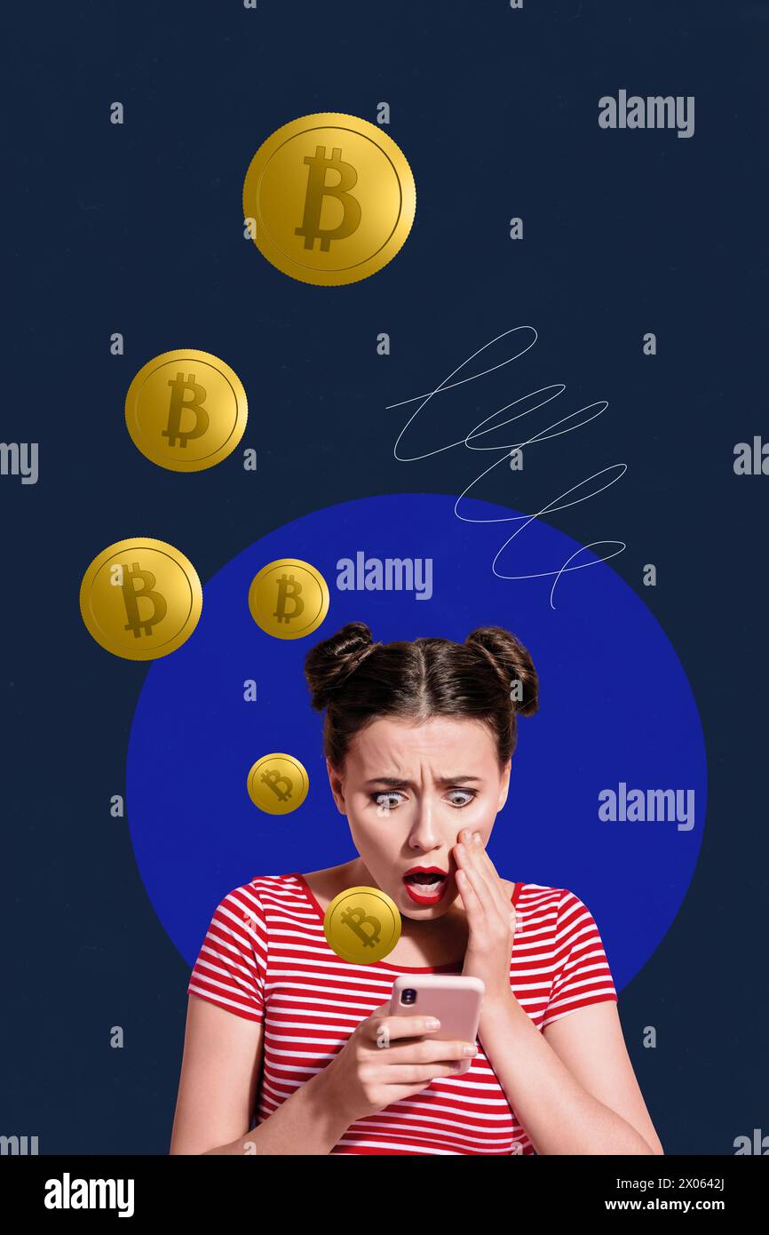 Vertical creative collage picture young girl smartphone cryptocurrency ...