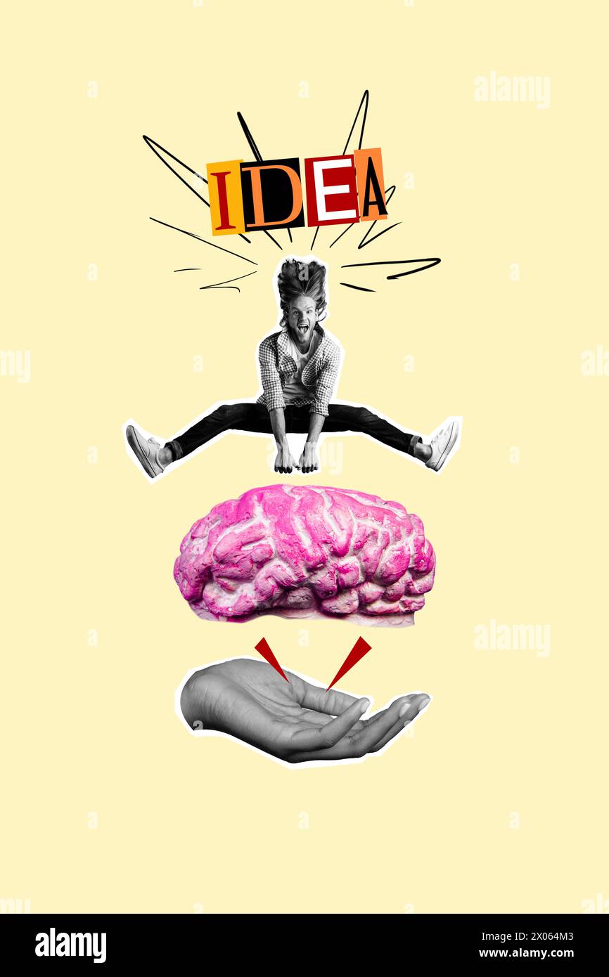 Vertical collage young man crazy freak idea brainstorming human palm ...