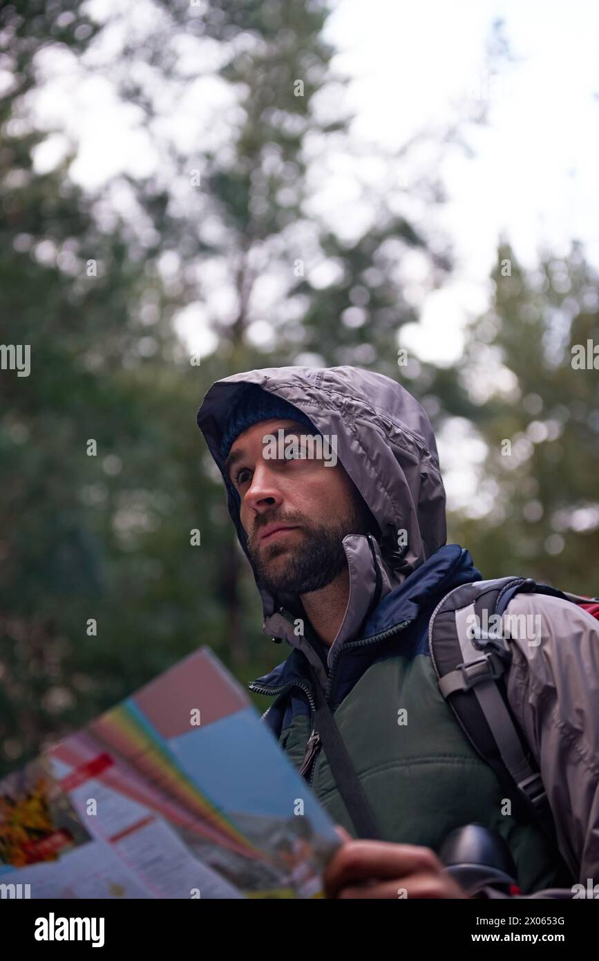 Search, forest and man with map for direction to camp in woods and ...