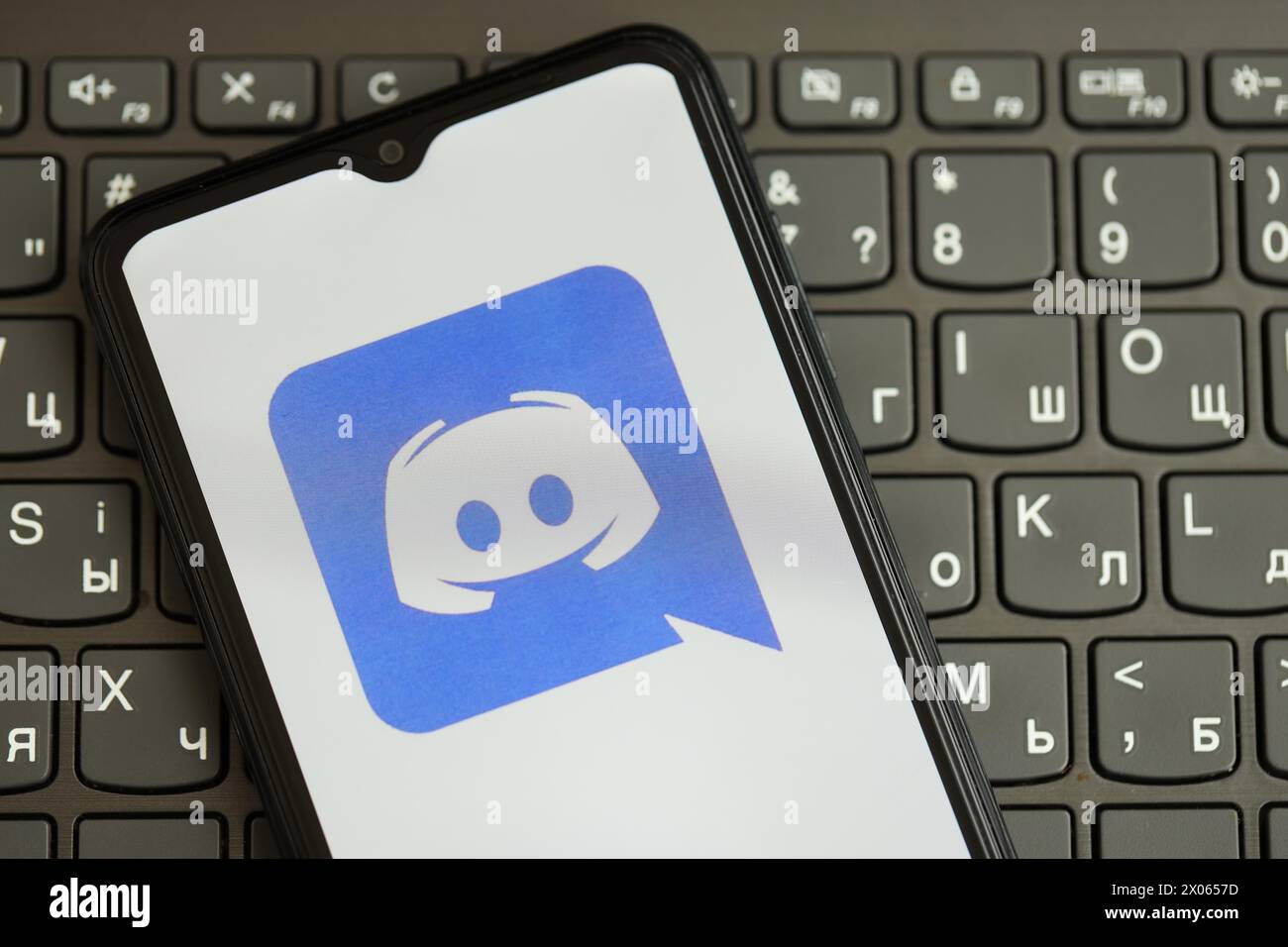 KYIV, UKRAINE - APRIL 1, 2024 Discord icon on smartphone screen on ...
