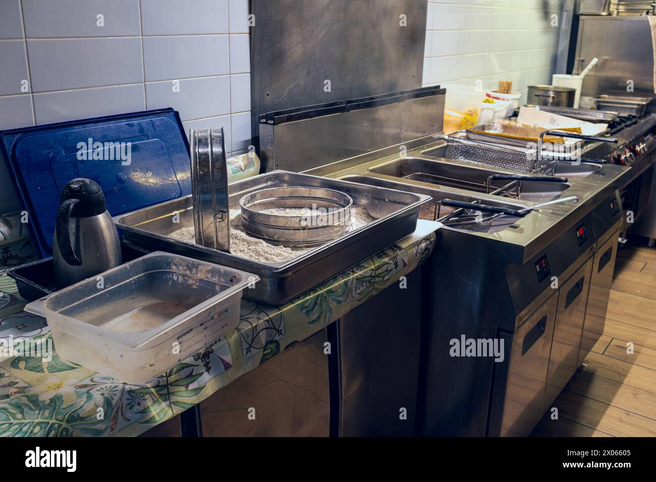 Equipment for deep-frying dishes. Industrial fryers in a restaurant ...