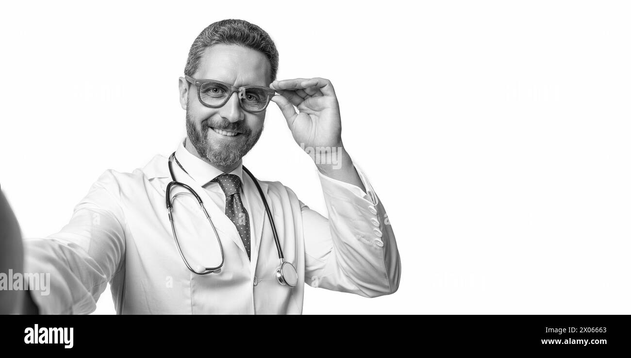 photo of medical man doctor make selfie, copy space. medical man ...