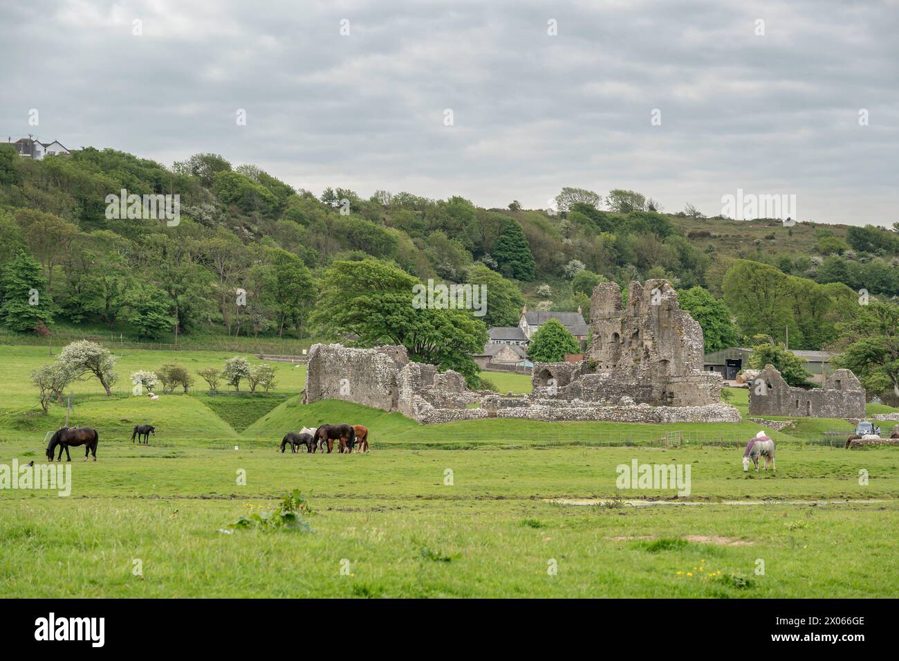 A view of Ogmore Castle, a ruined castle on the south Wales coast. The ...