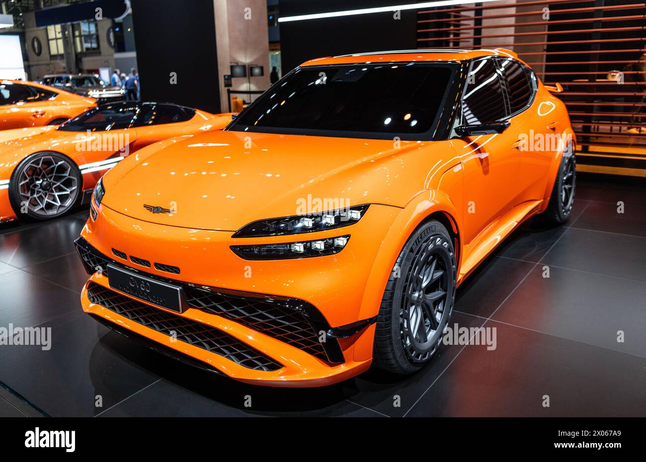 New York City, USA - March 27, 2024: Genesis GV60 Magma electric car at ...
