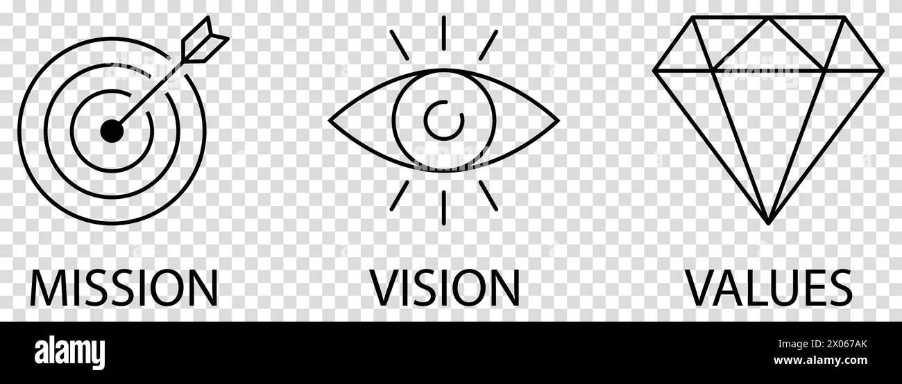 Mission, vision and values symbols. Target with arrow, business view ...