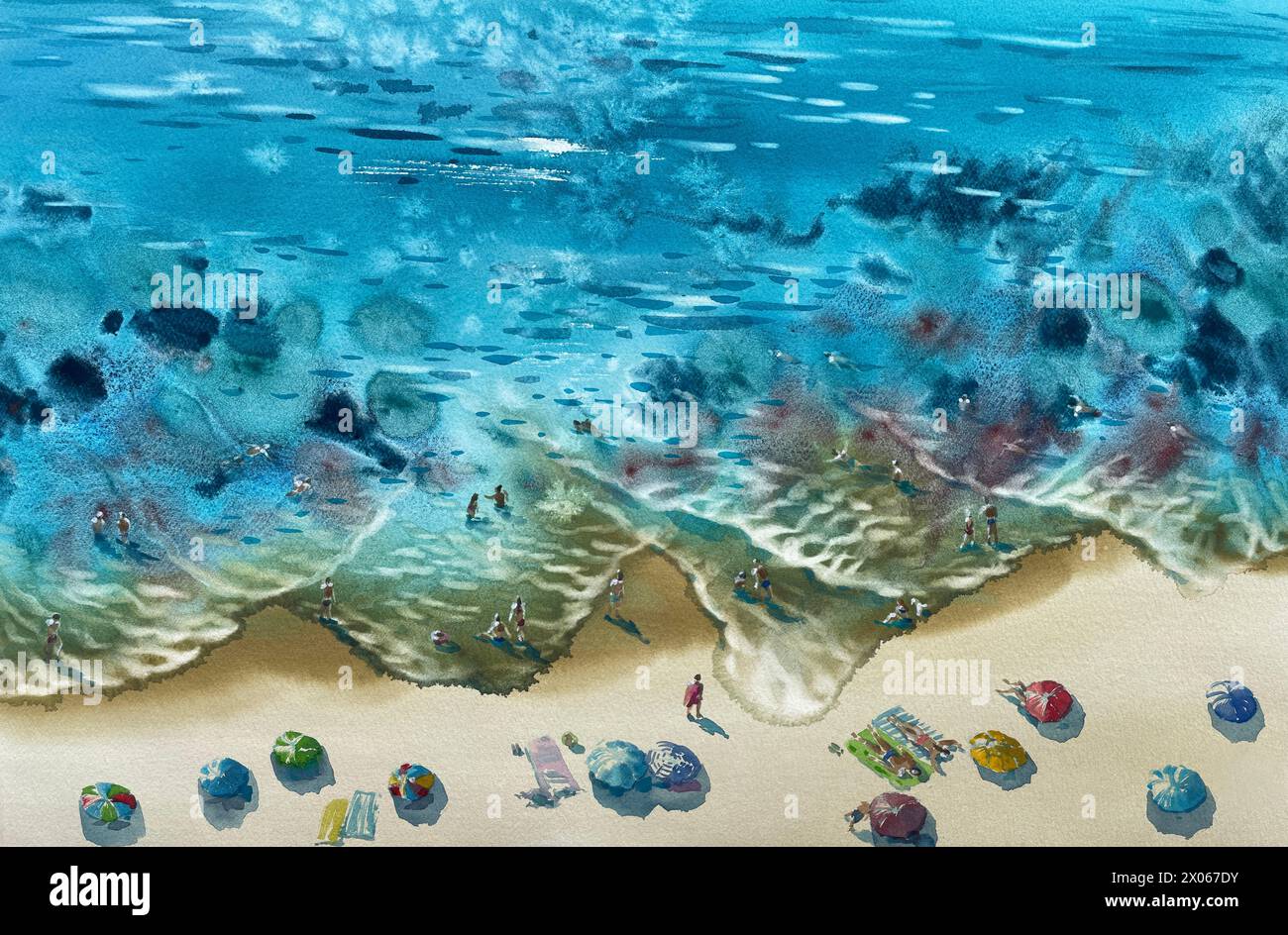 A sea beach panorama with a plage watercolor background Stock Photo - Alamy