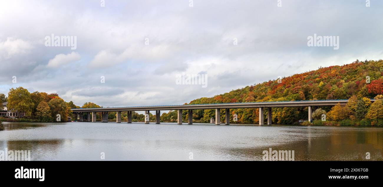 Bridge over Seilersee in Iserlohn, Germany. Autobahn over the pond ...