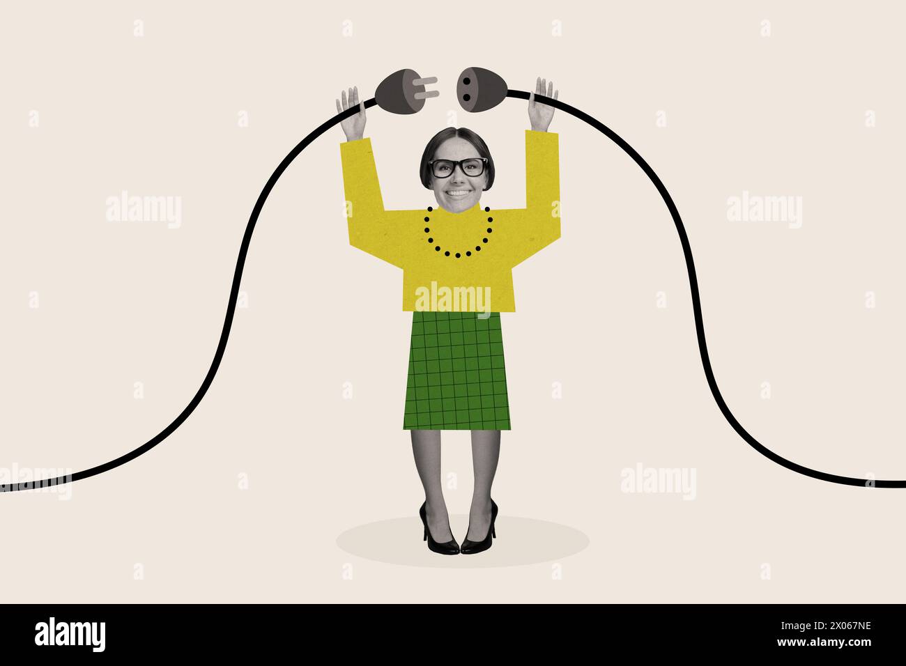 Composite photo collage of happy girl connect socket wire electricity ...