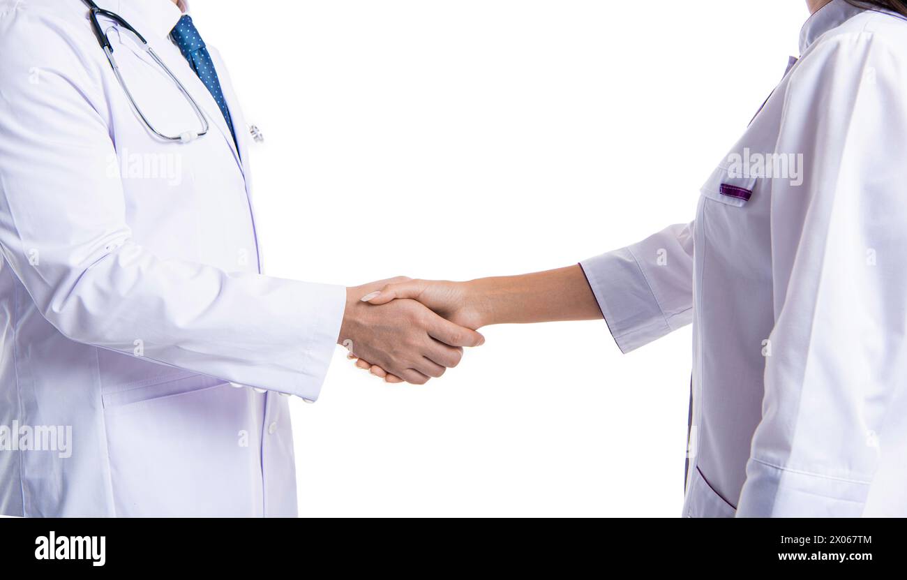 doctor handshake with nurse. two doctor shaking hands isolated on white ...