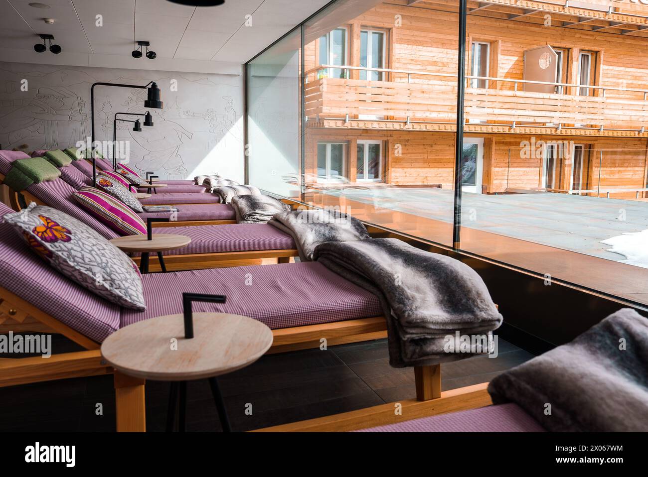 Luxurious Spa Lounge with Purple Loungers, Snowy Mountain View, Modern ...