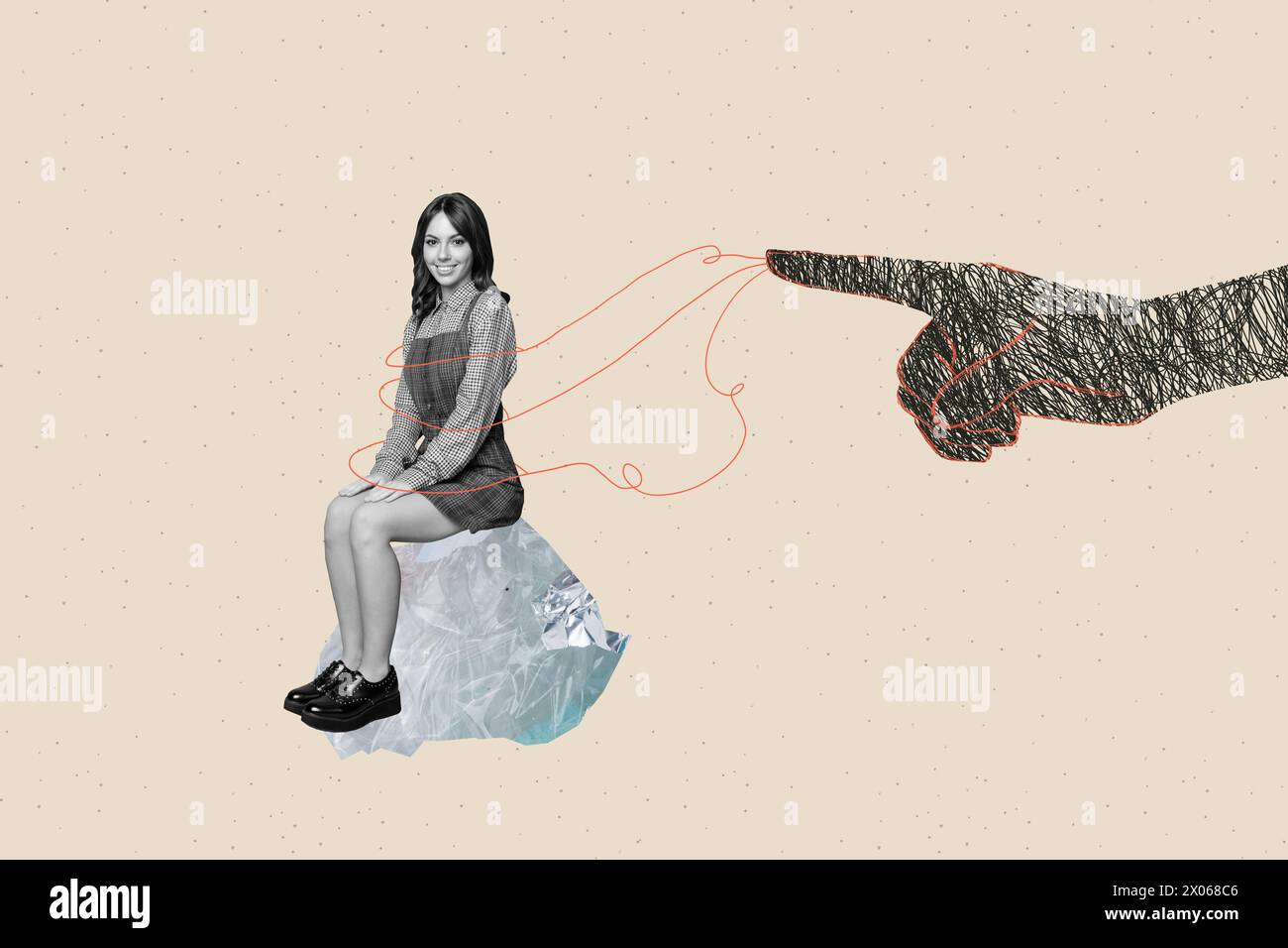 Creative collage picture sitting young girl hand pulling strings ...