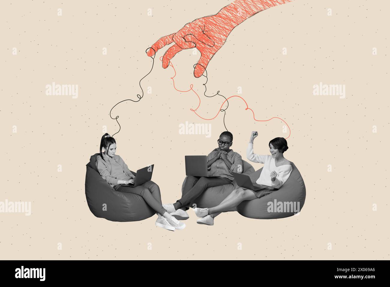 Creative collage picture sitting three collegues remote workers ...