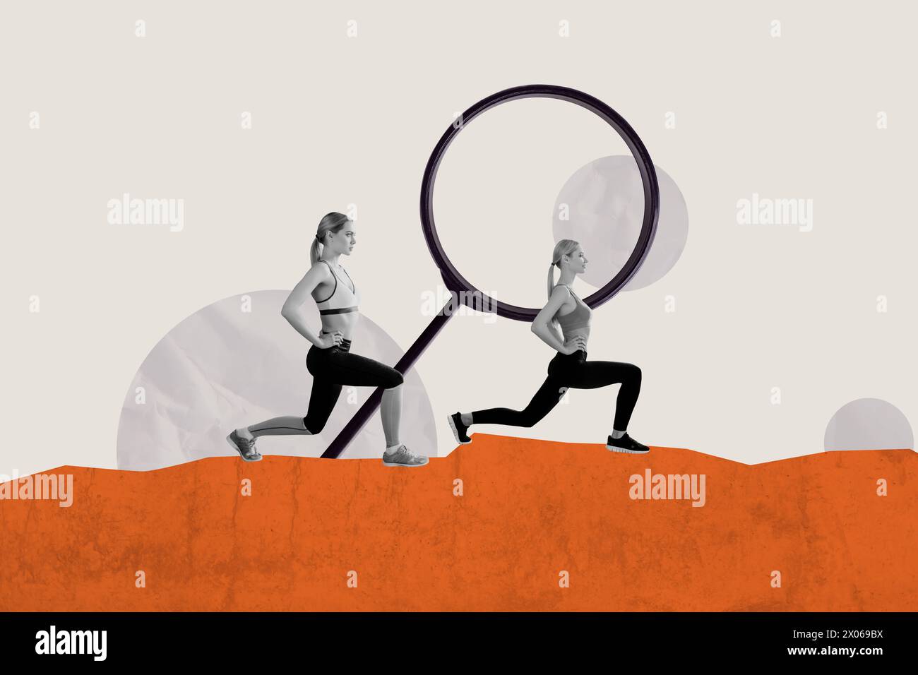 Composite photo collage of two young serious girls do lunges magnifier ...