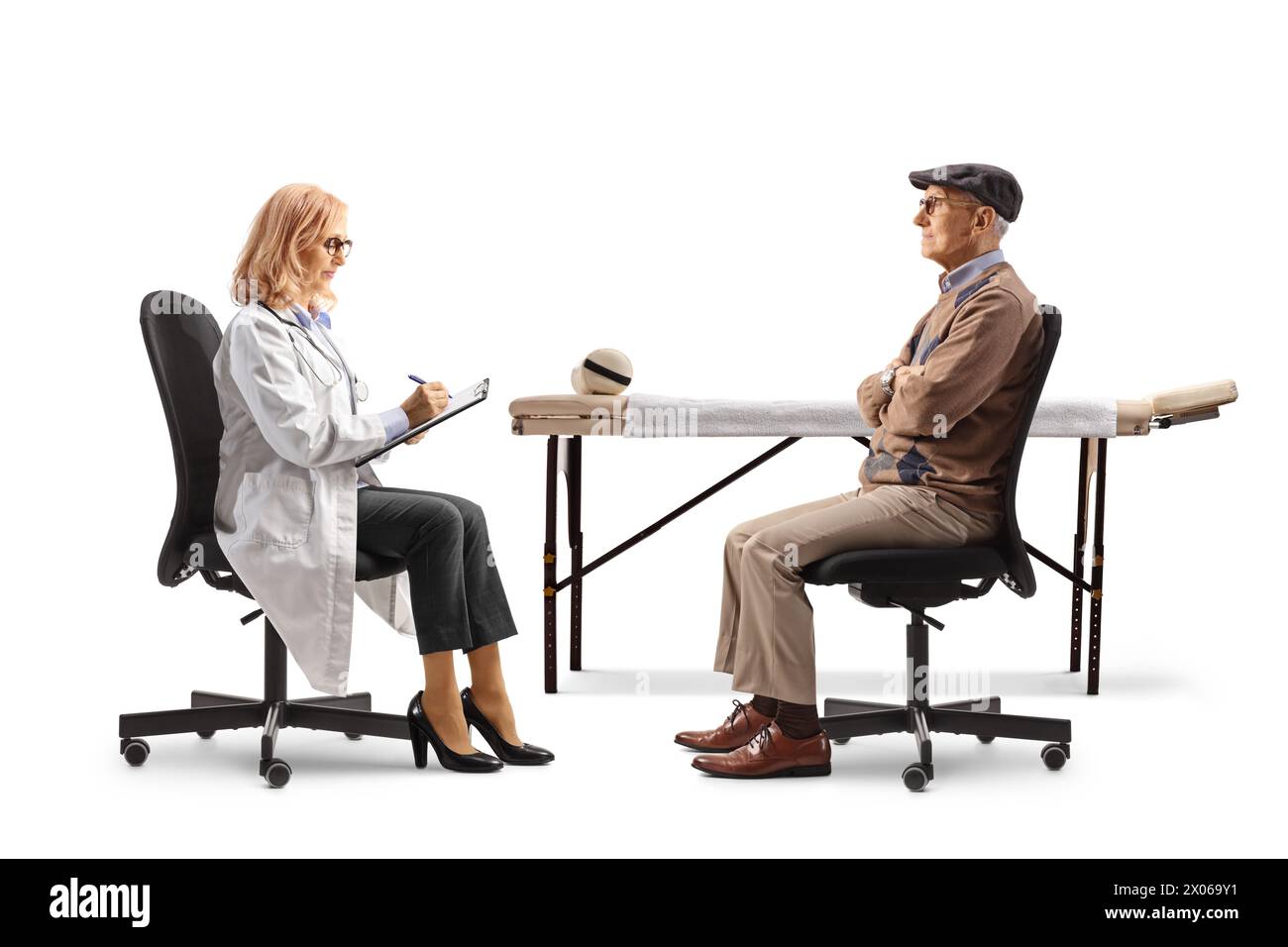 Female doctor writing a prescription for a senior patient isolated on ...