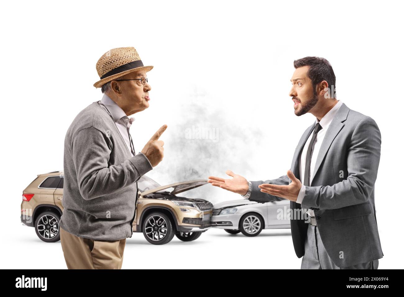 Car accident and a businessman having an argument with an elderly man ...