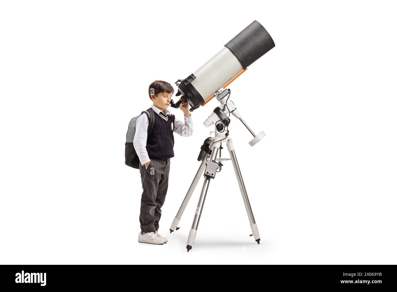 Schoolboy observing the planets and stars with a telescope isolated on ...