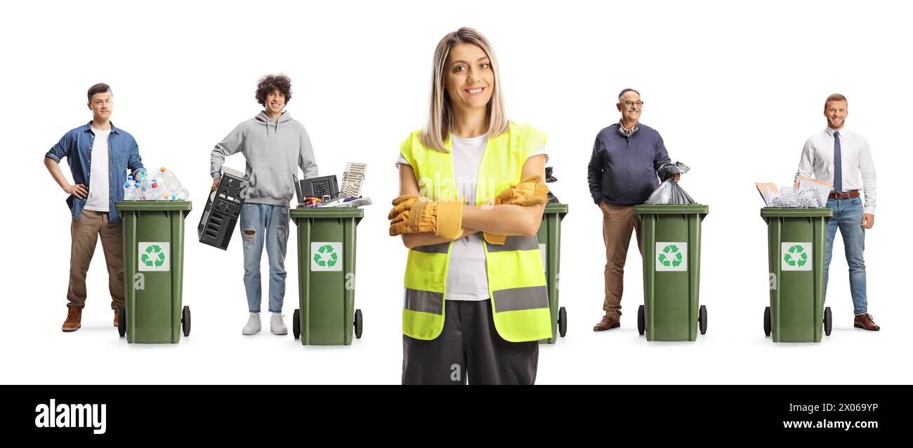 People collecting recycle materials isolated on white background, save ...