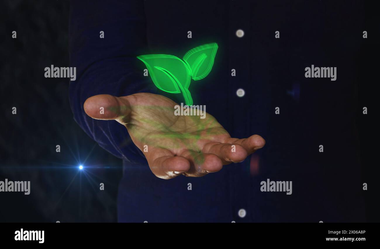 Eco friendly carbon neutral technology with ecology leaf 3d symbol over ...