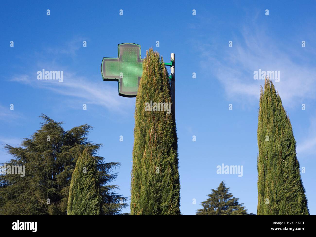 pharmacy green cross signpost and cypress tree trops Stock Photo - Alamy