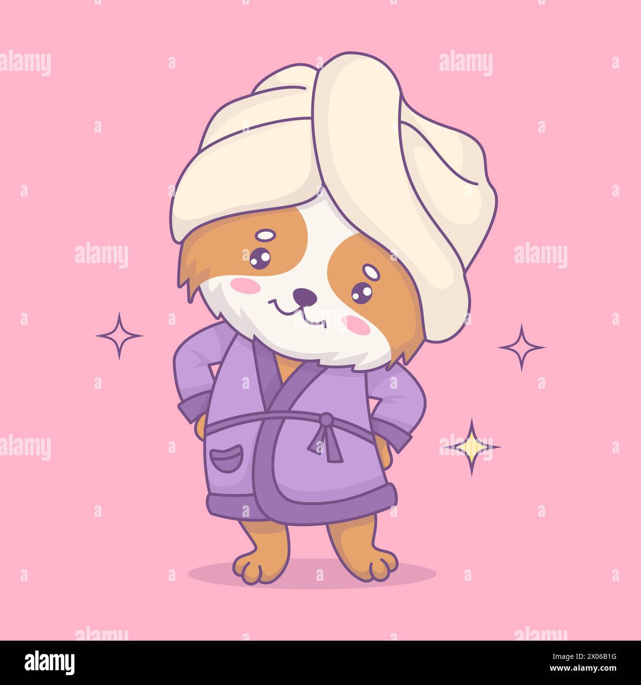 Cute dog in bathrobe and with towel on his head after bath time. Funny ...