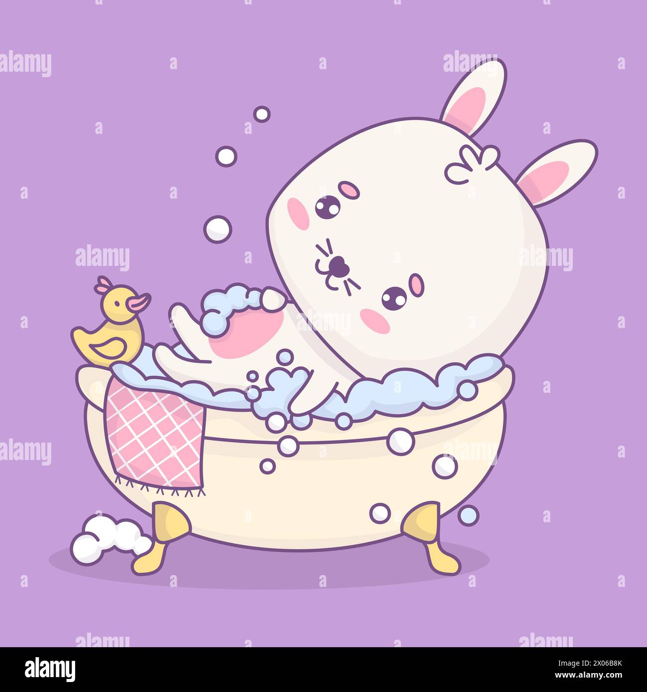 Cute white rabbit rests in bubble bath with rubber duck. Funny relaxed ...