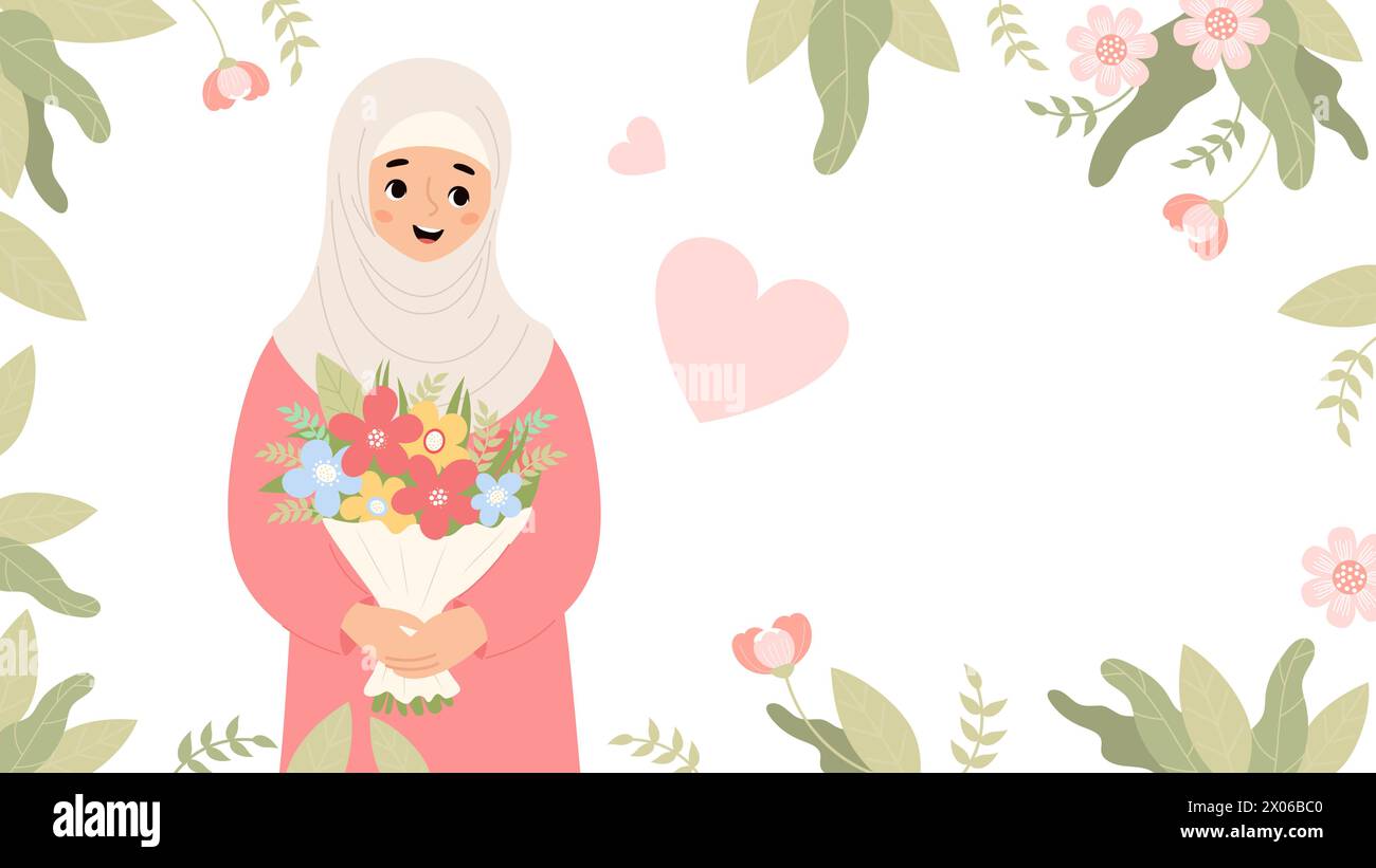 Cute muslim woman in hijab with bouquet flower. Islamic female ethnic ...
