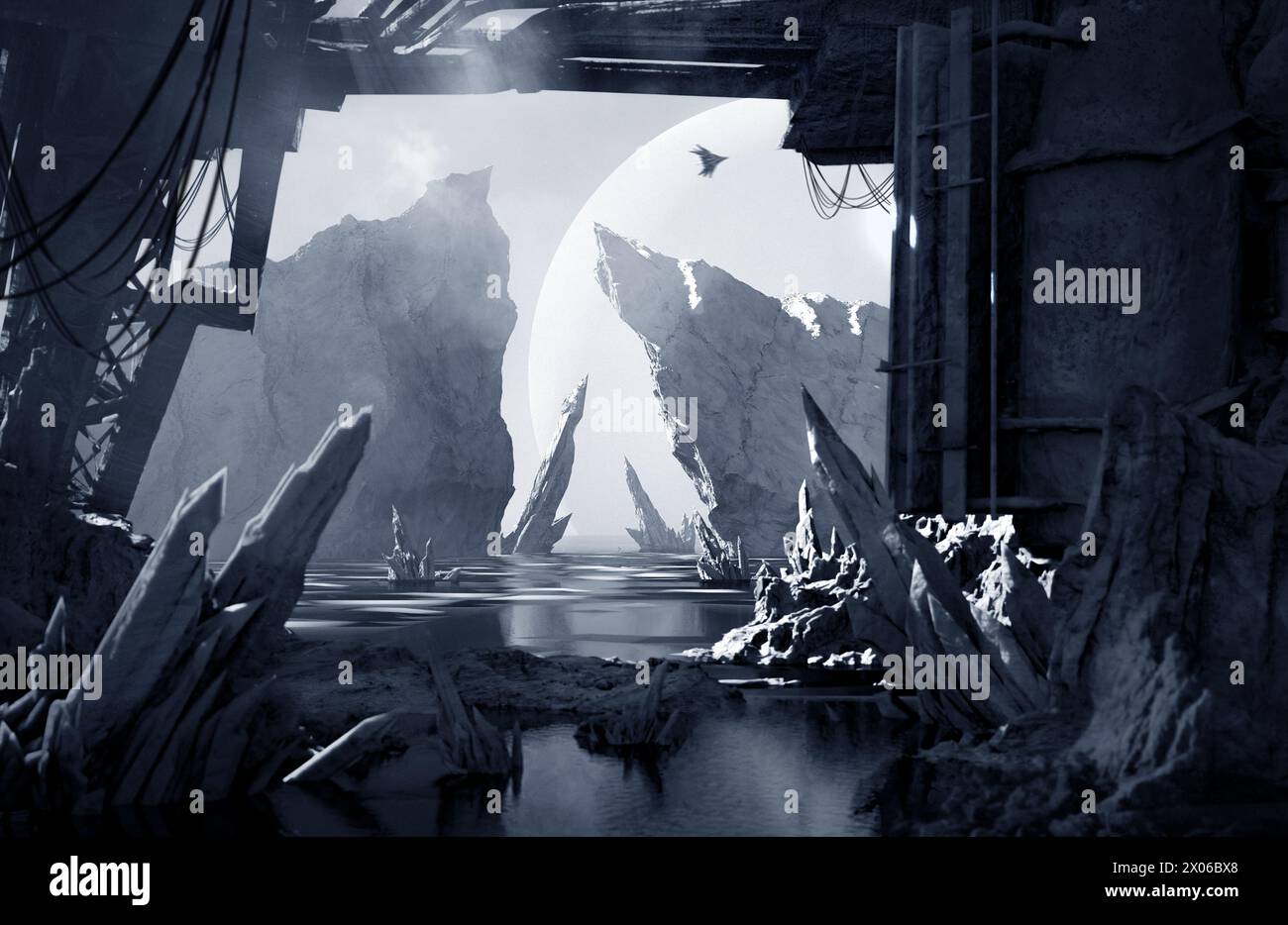 Spaceship and ice planet, 3D illustration Stock Photo - Alamy