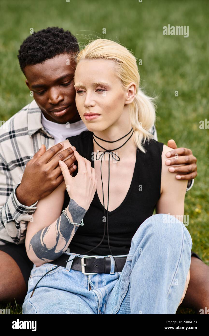 A happy, multicultural couple enjoying a peaceful moment together on ...