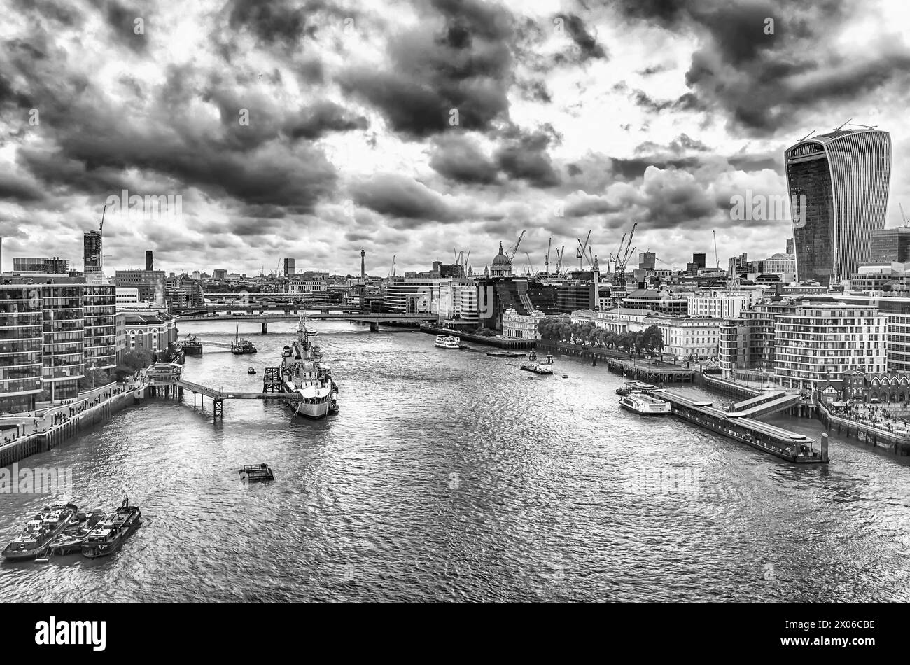 Aerial view over the Thames River from Tower Bridge, London, UK Stock ...