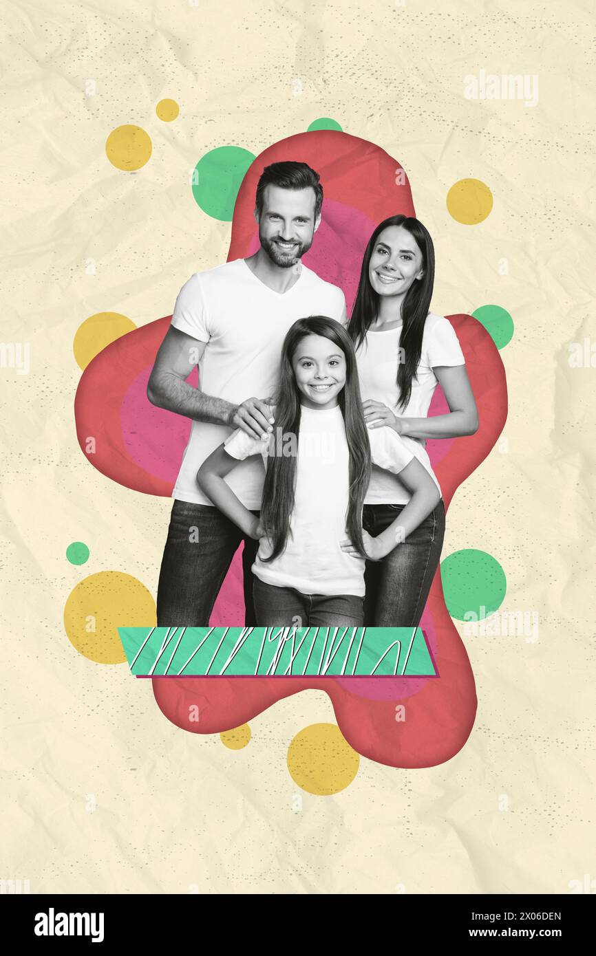 Vertical collage image of black white colors parents hug daughter ...