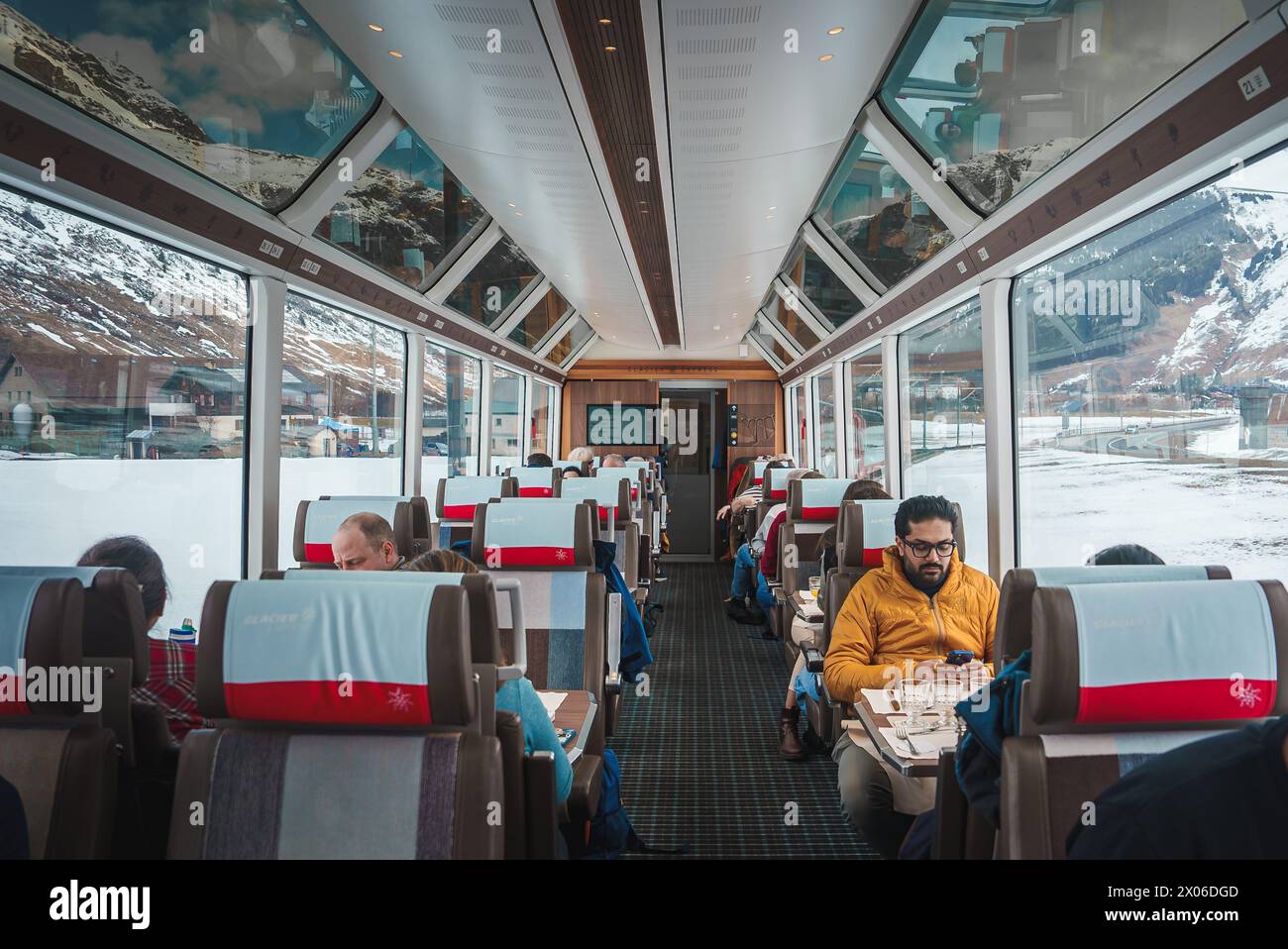 Luxurious train car interior with panoramic windows, Switzerland Stock ...