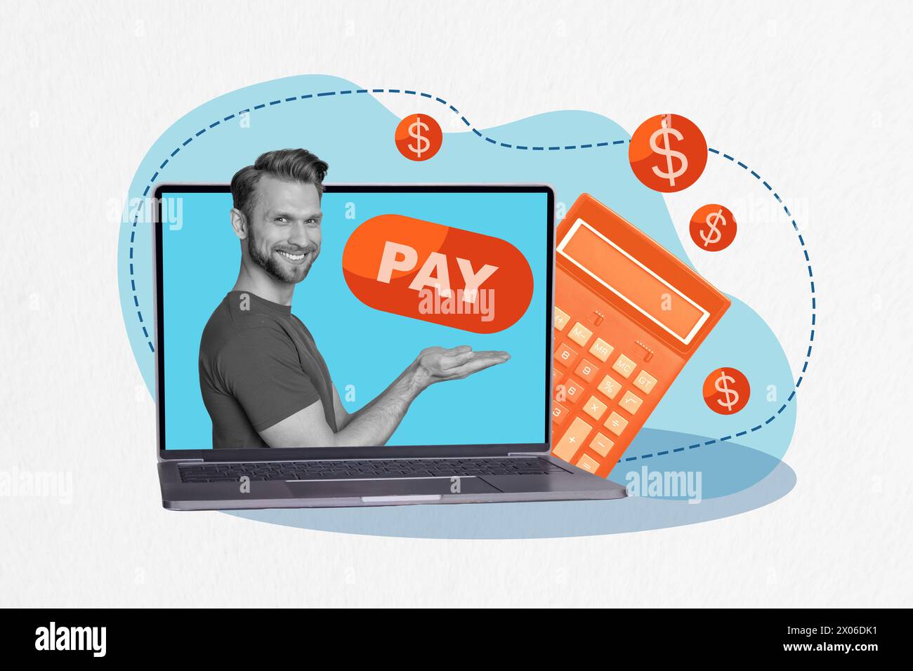 Composite collage picture image of funny man hold pay sign netbook ...
