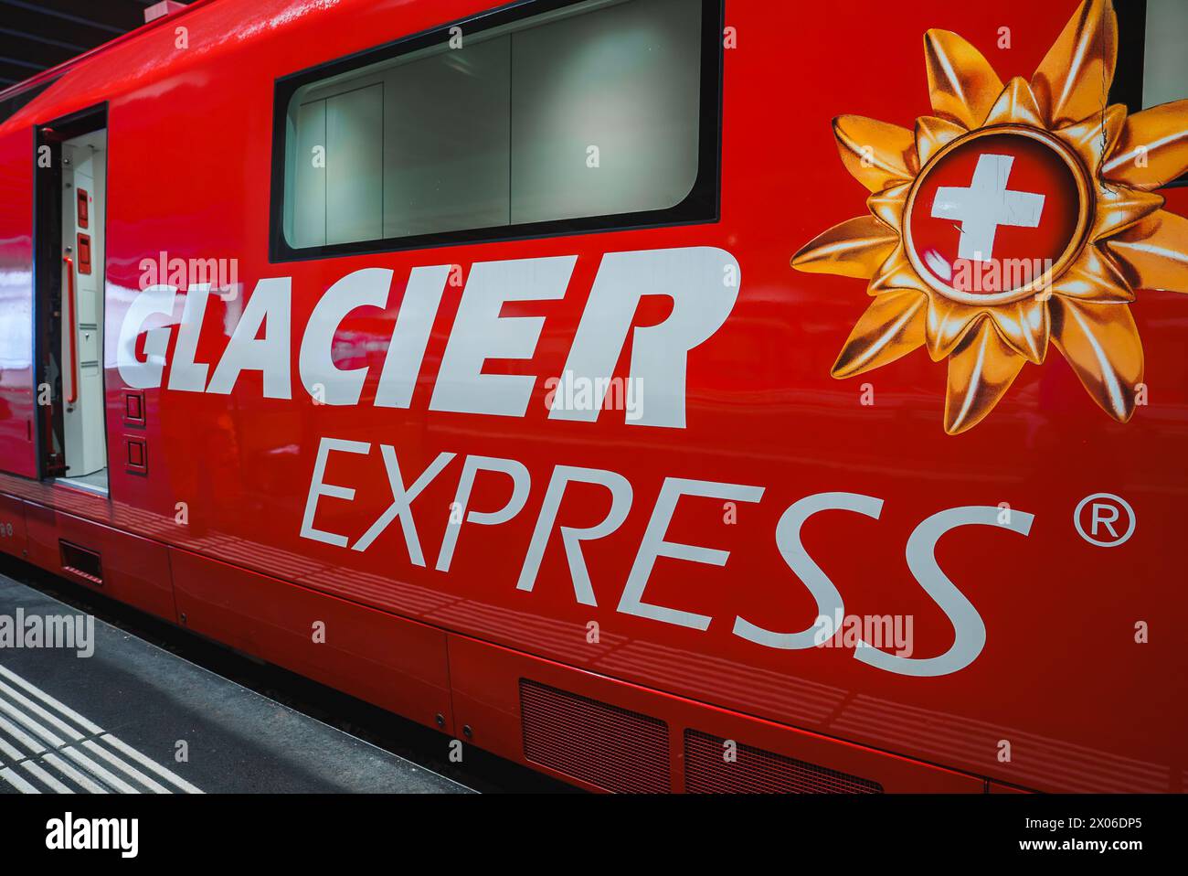 Glacier Express train carriage, red with logo, in Switzerland Stock ...