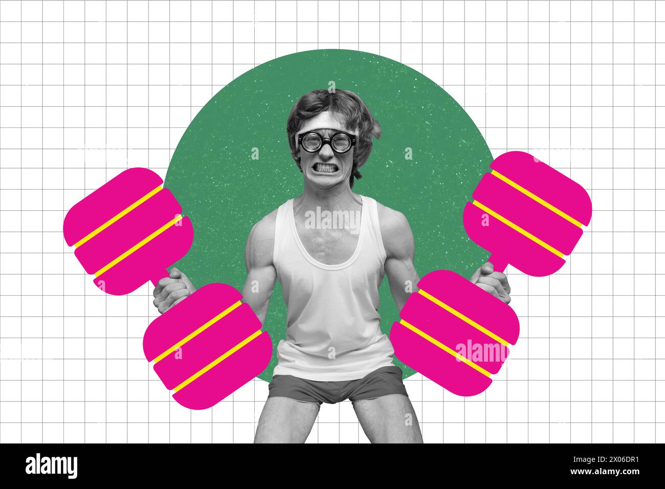 Creative trend collage of nerd young man lifting dumbbell sporty ...