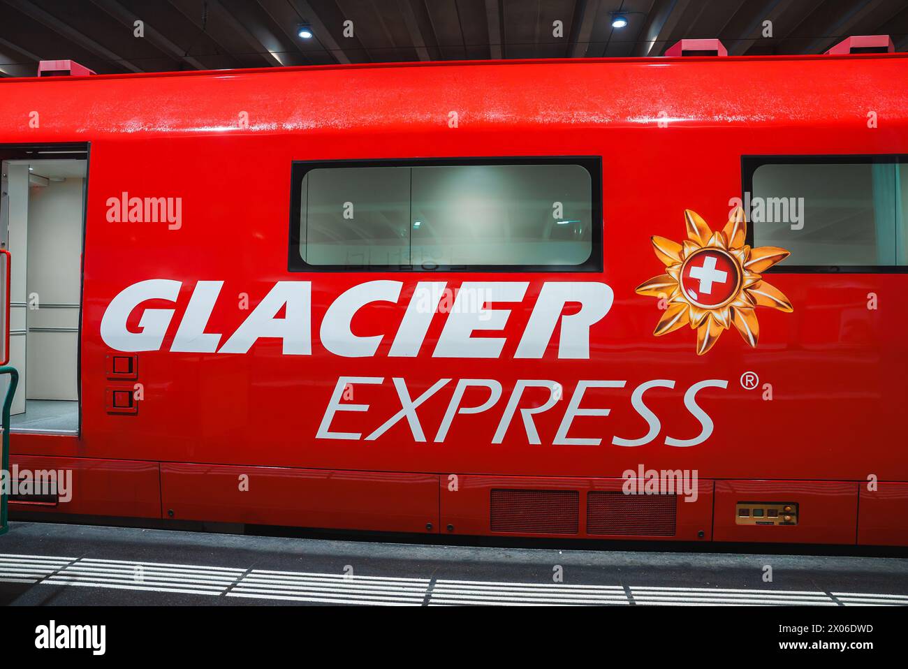 Luxurious Red Glacier Express Train Carriage in Switzerland Stock Photo ...