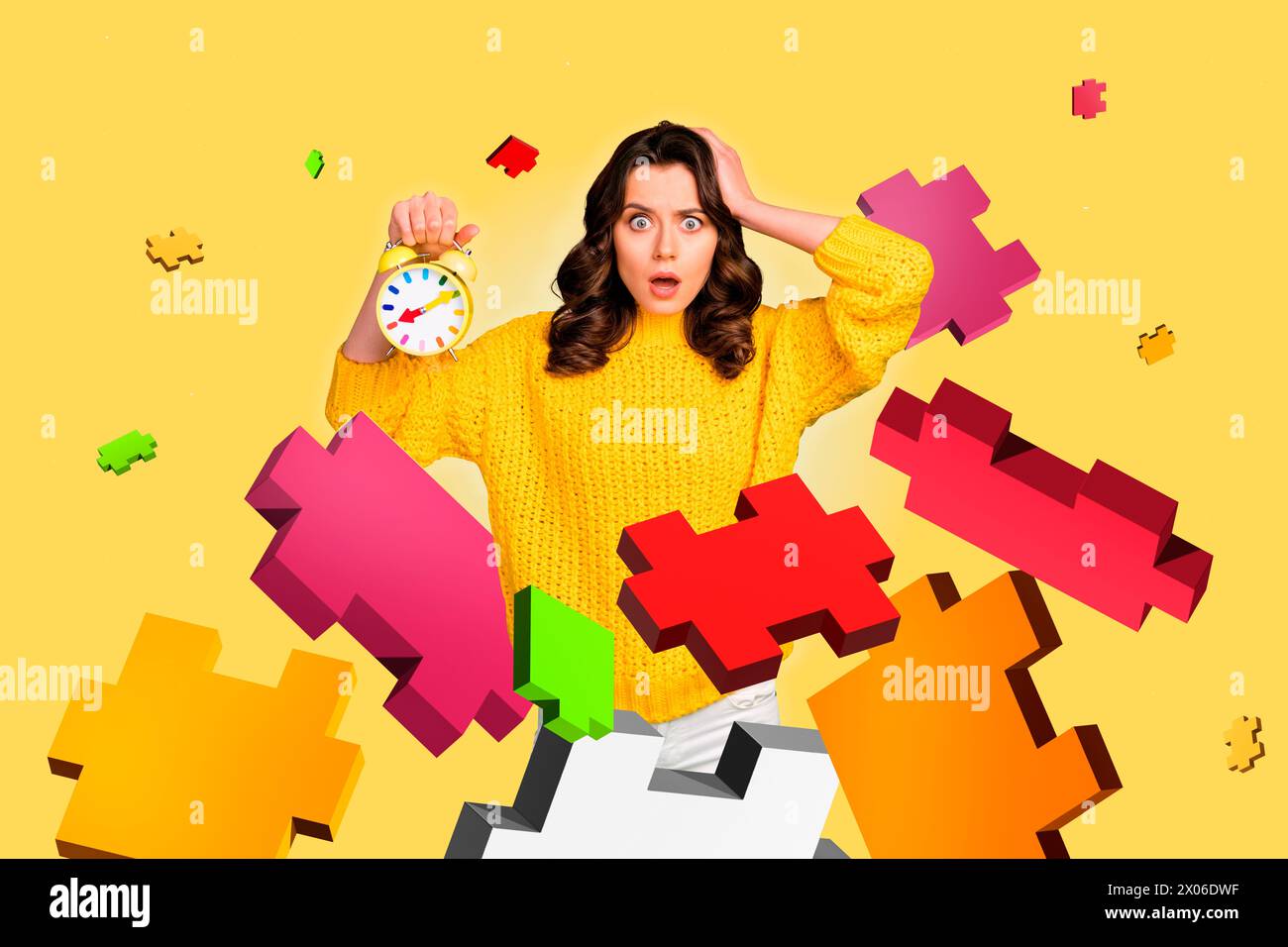 Composite collage picture image of confused female hold clock puzzle game jigsaw solve task ...