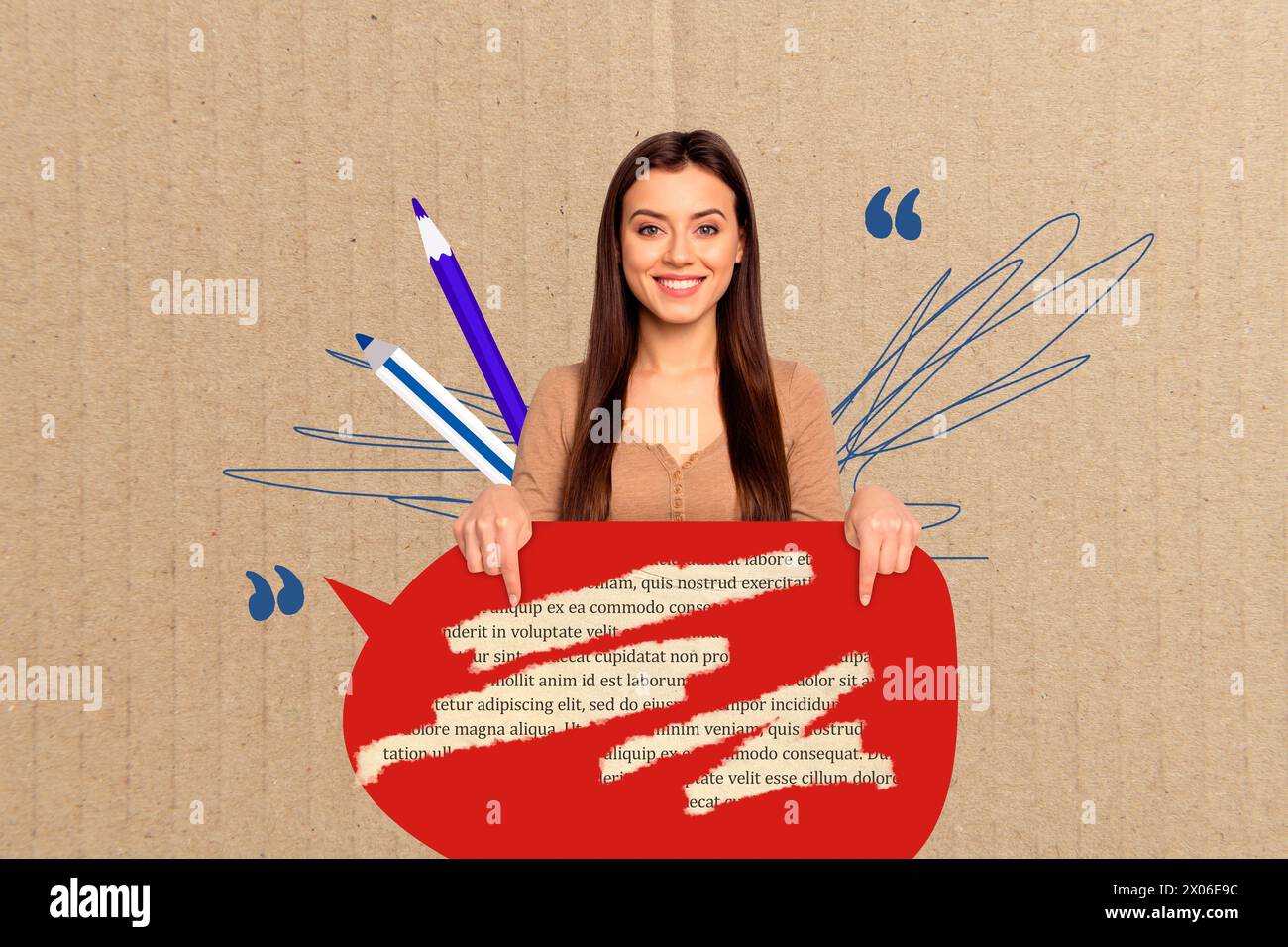 Composite collage picture image of point down hands female speech bubble communication concept ...