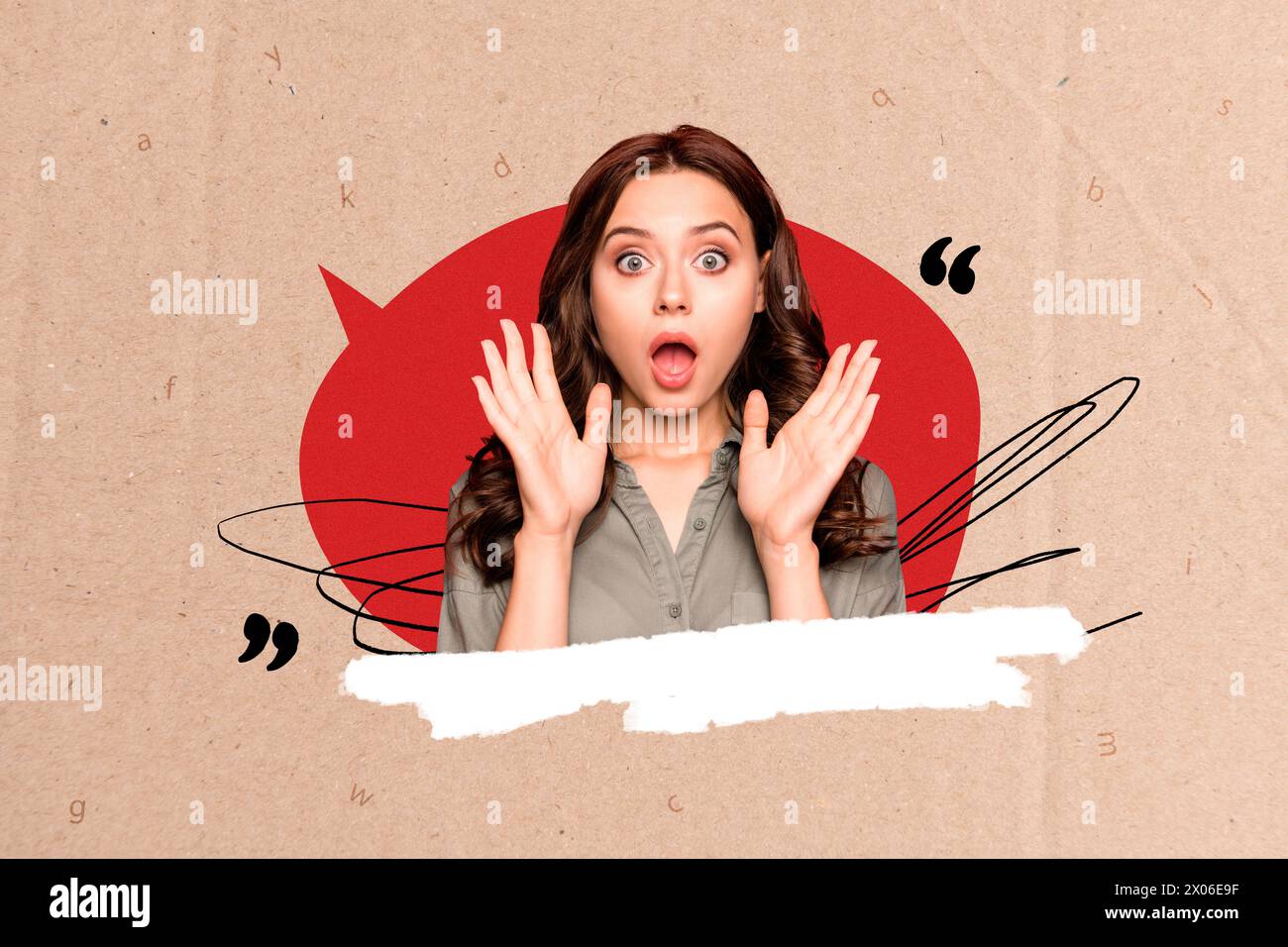 Composite collage picture image of shocked female speech bubble communication concept fantasy ...