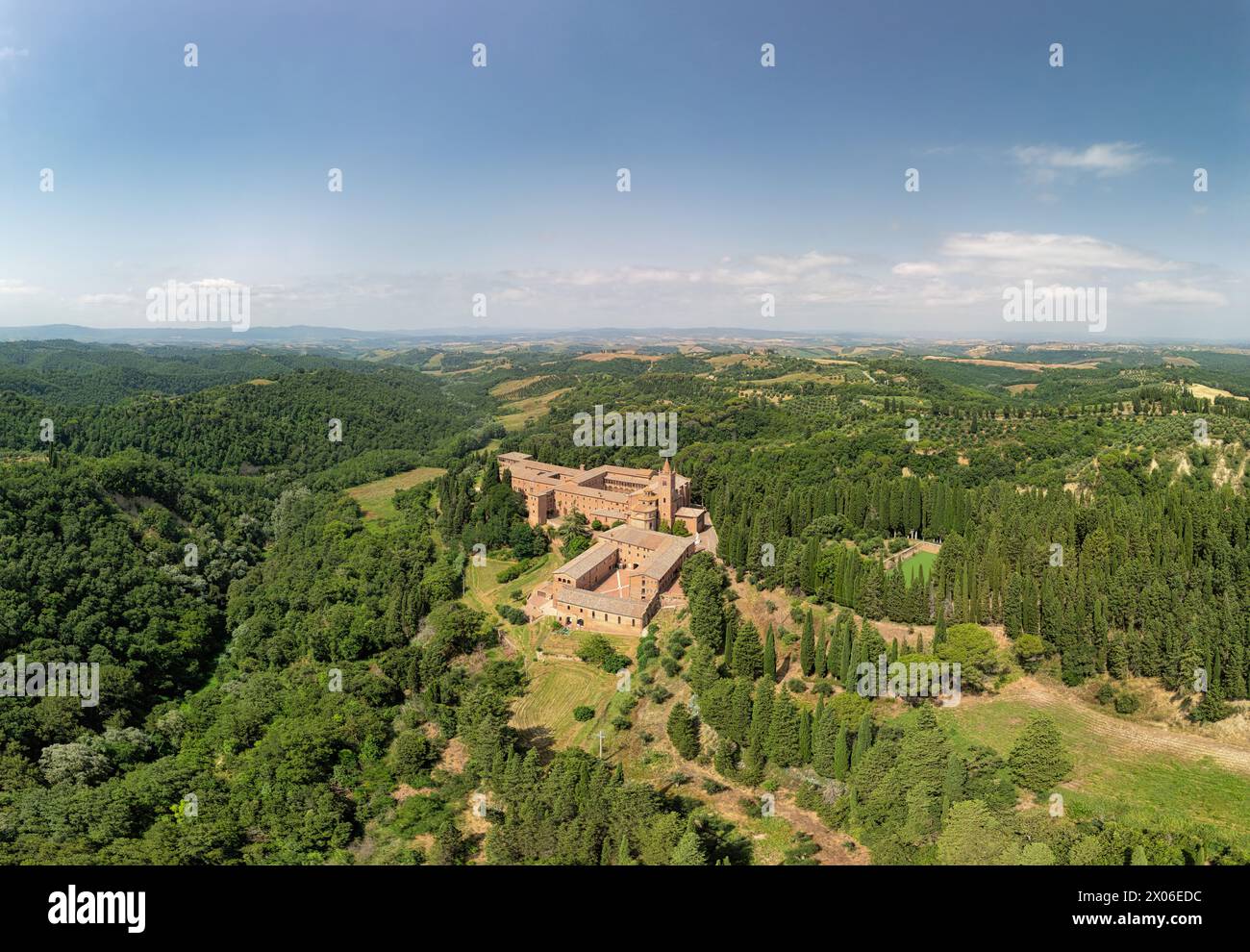 Aerial view of the Abbey of Monte Oliveto Maggiore, a large Benedictine ...