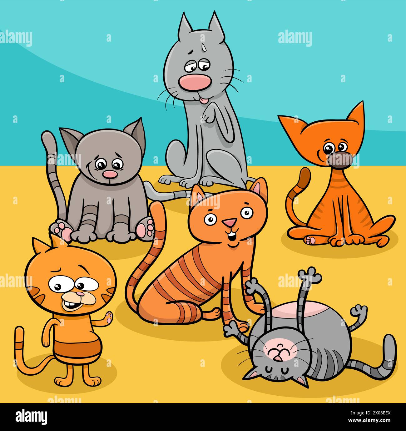 Cartoon illustration of funny cats comic animal characters at home ...