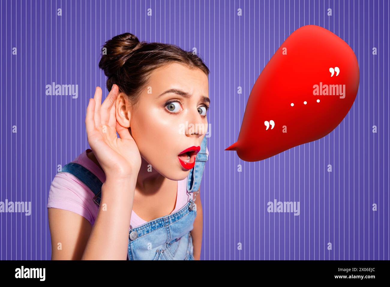 Composite collage picture image of listen female shocked speech bubble communication concept ...
