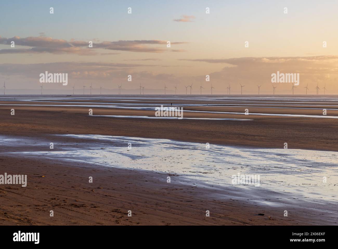 Sunset at Formby Beach, with an off shore wind farm on the horizon ...