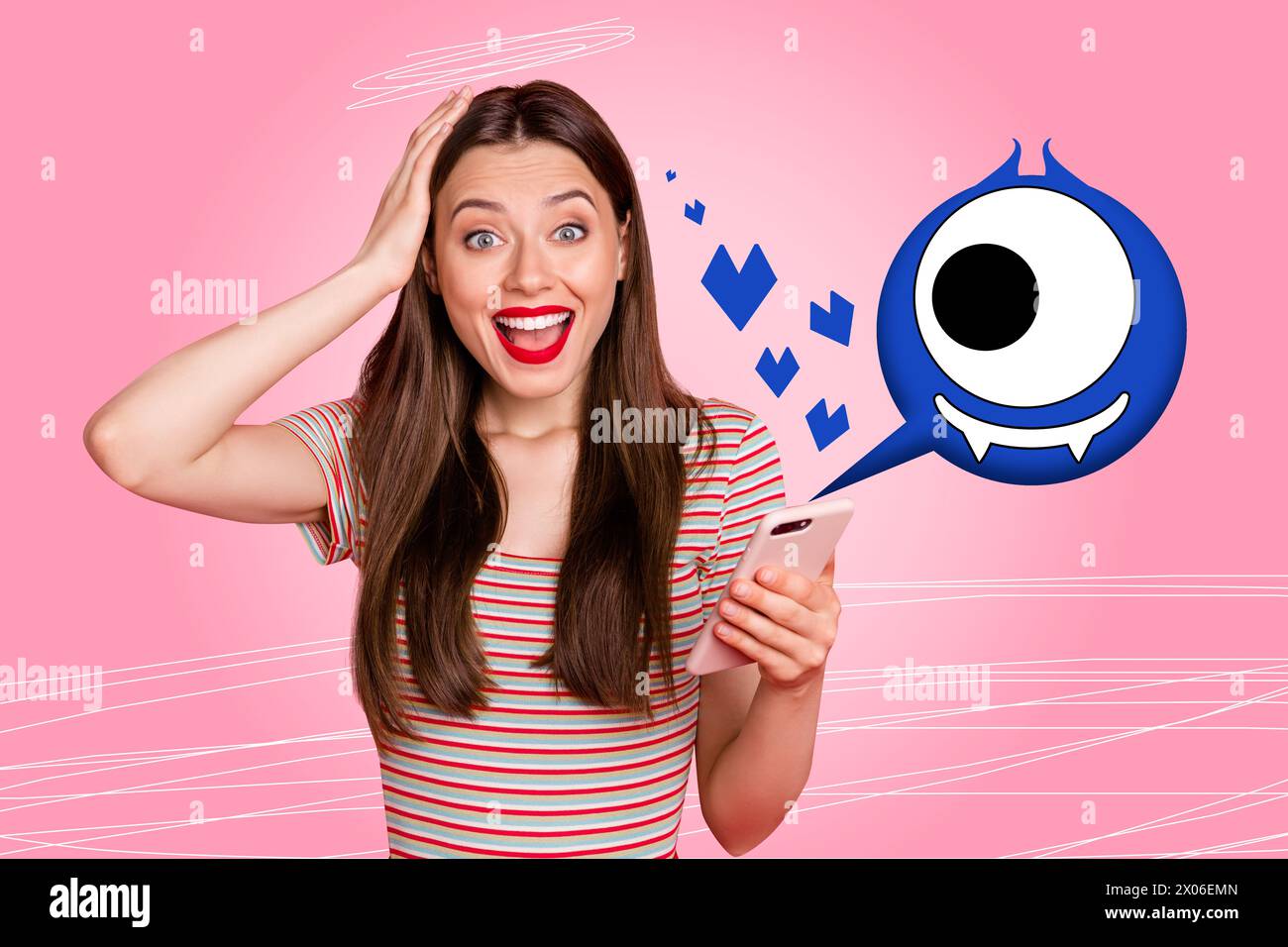 Composite collage picture image of afraid shocked female hold gadget ...