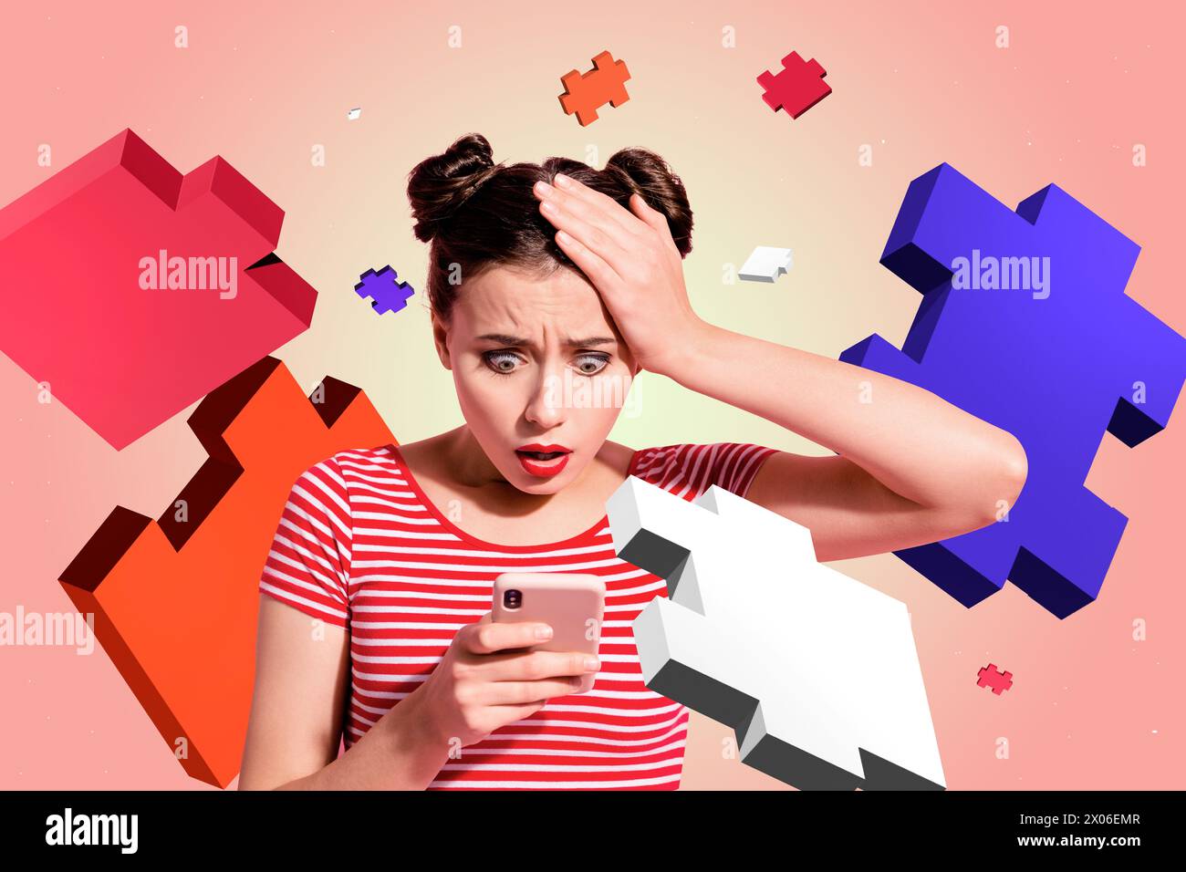 Composite collage picture image of amazed female hold device puzzle game jigsaw solve task ...