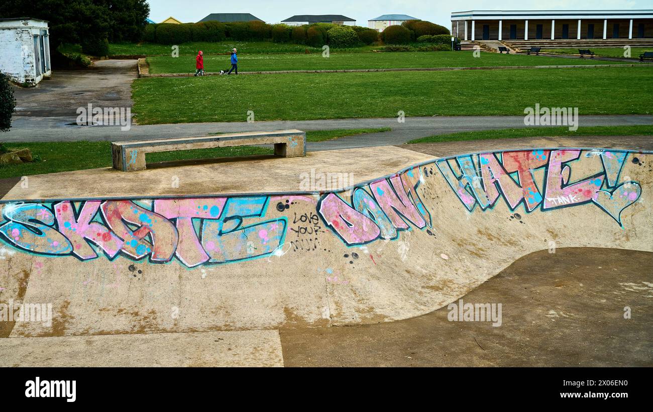 Skate don't hate graffit on wall of skate park in the Marine Hall park ...