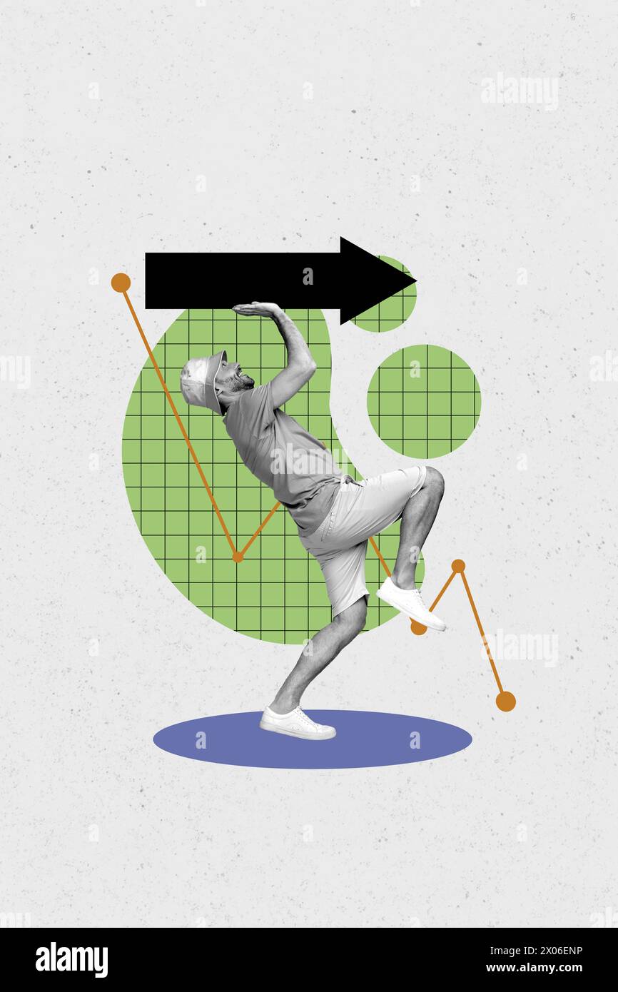 Vertical photo collage of happy guy push arrow forward development ...