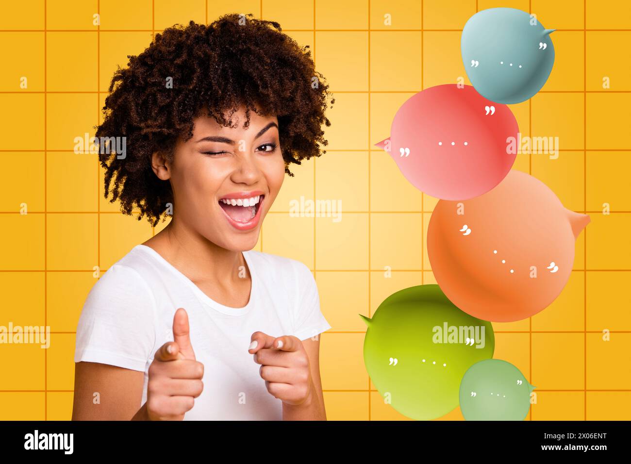 Composite collage picture image of cheerful girl point you female speech bubble communication ...