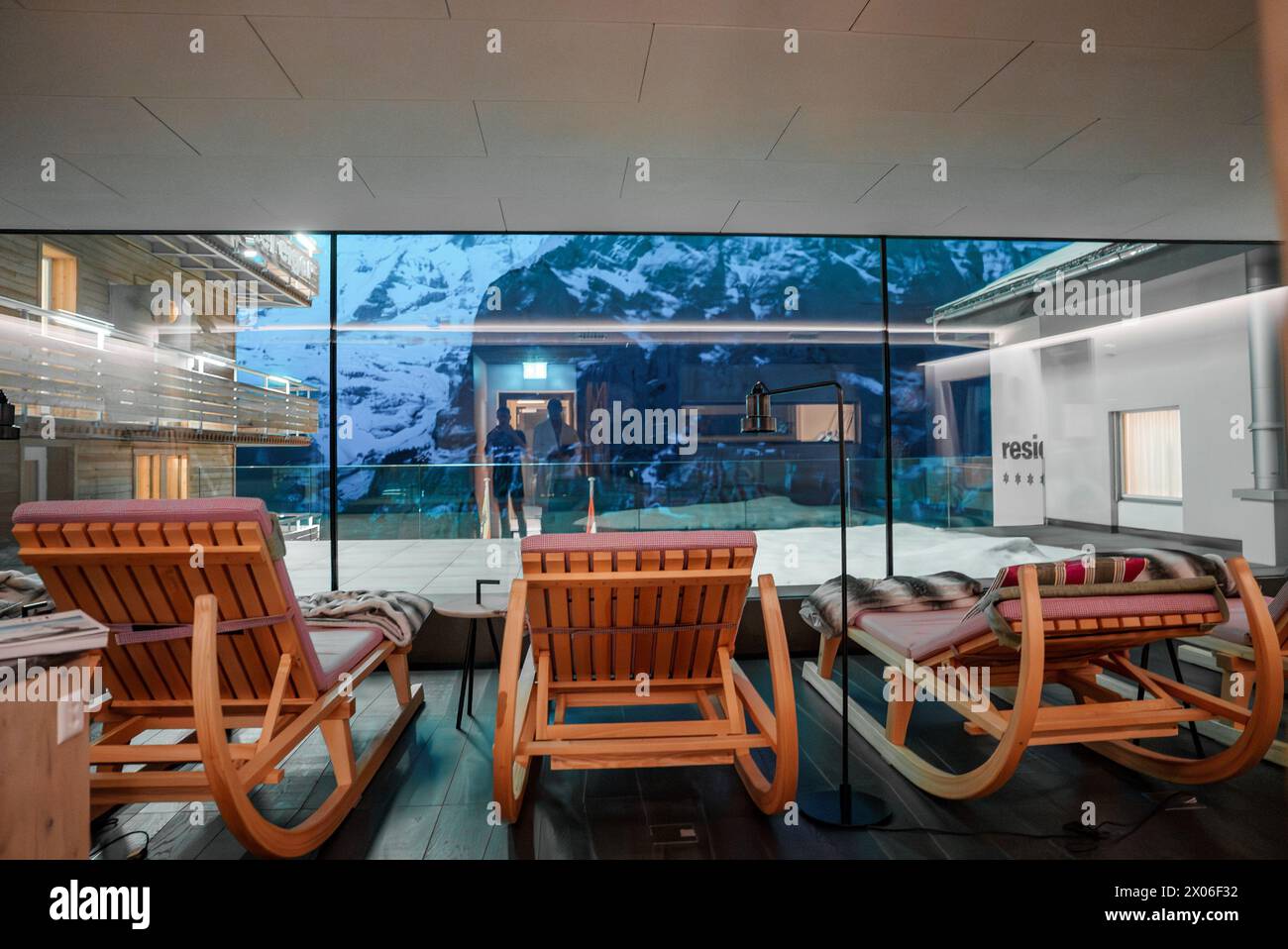 Luxury Mountain View Escape with Lounge Chairs and Snowy Panorama Stock ...