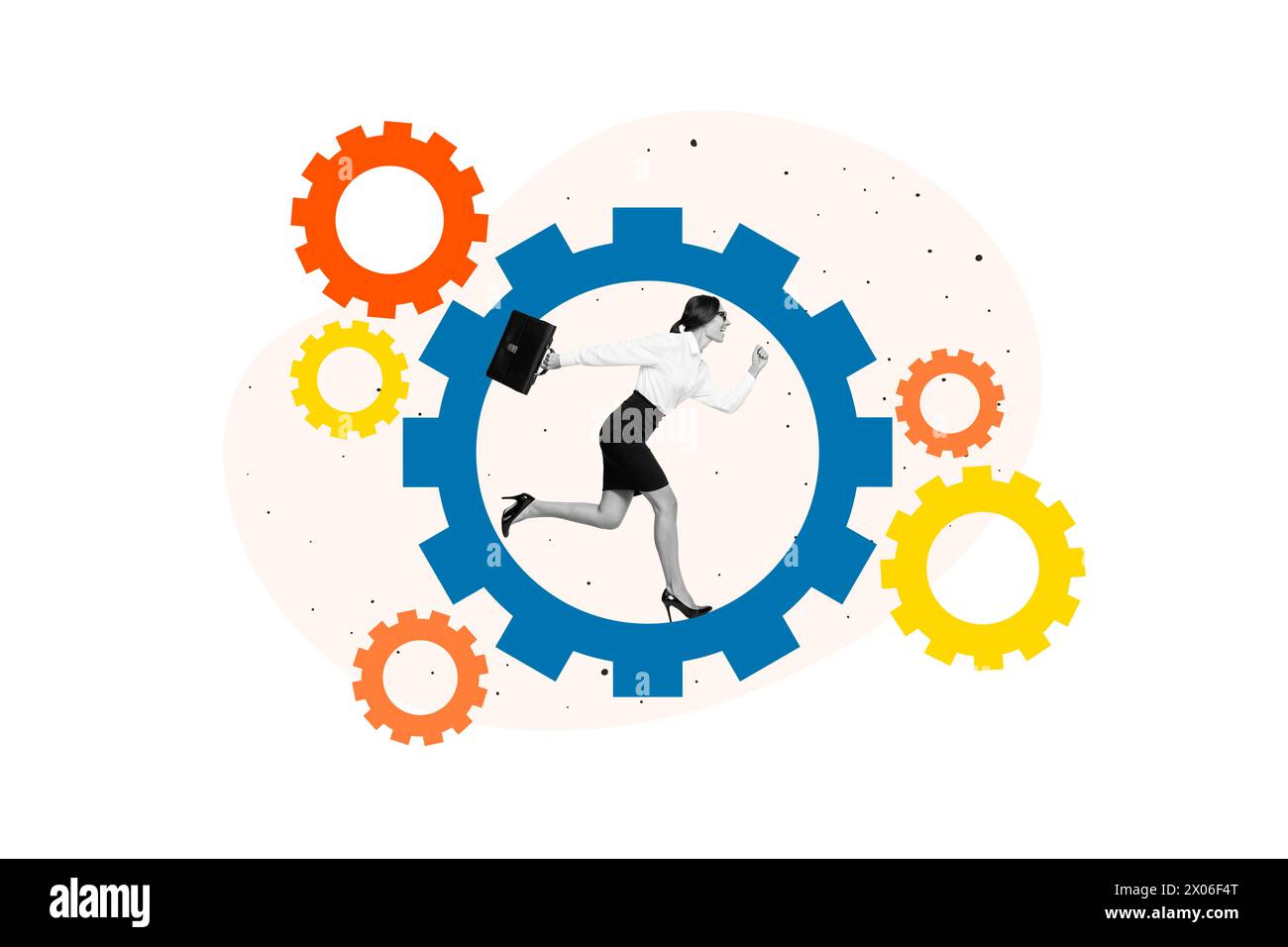 Creative photo collage young running business lady fast forward hurry ...